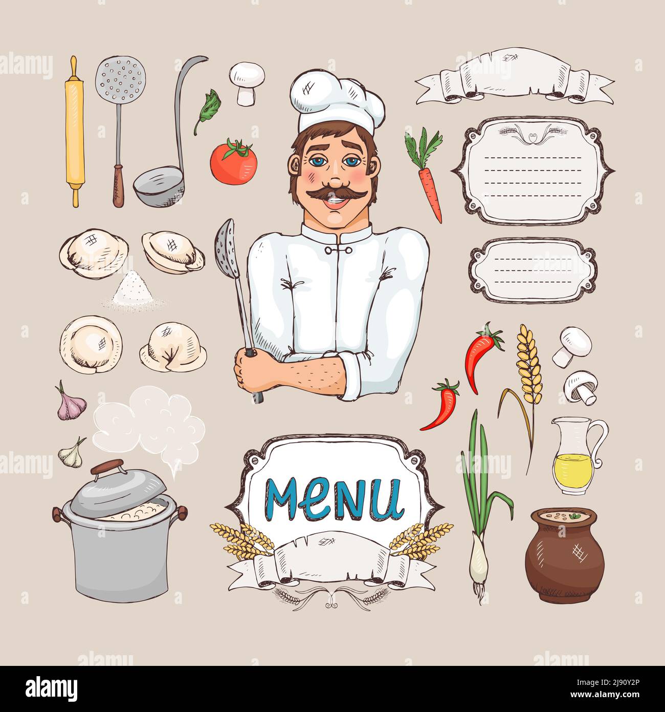 Russian cuisine. Chef Cook, food, cooking utensils and frame for the ...