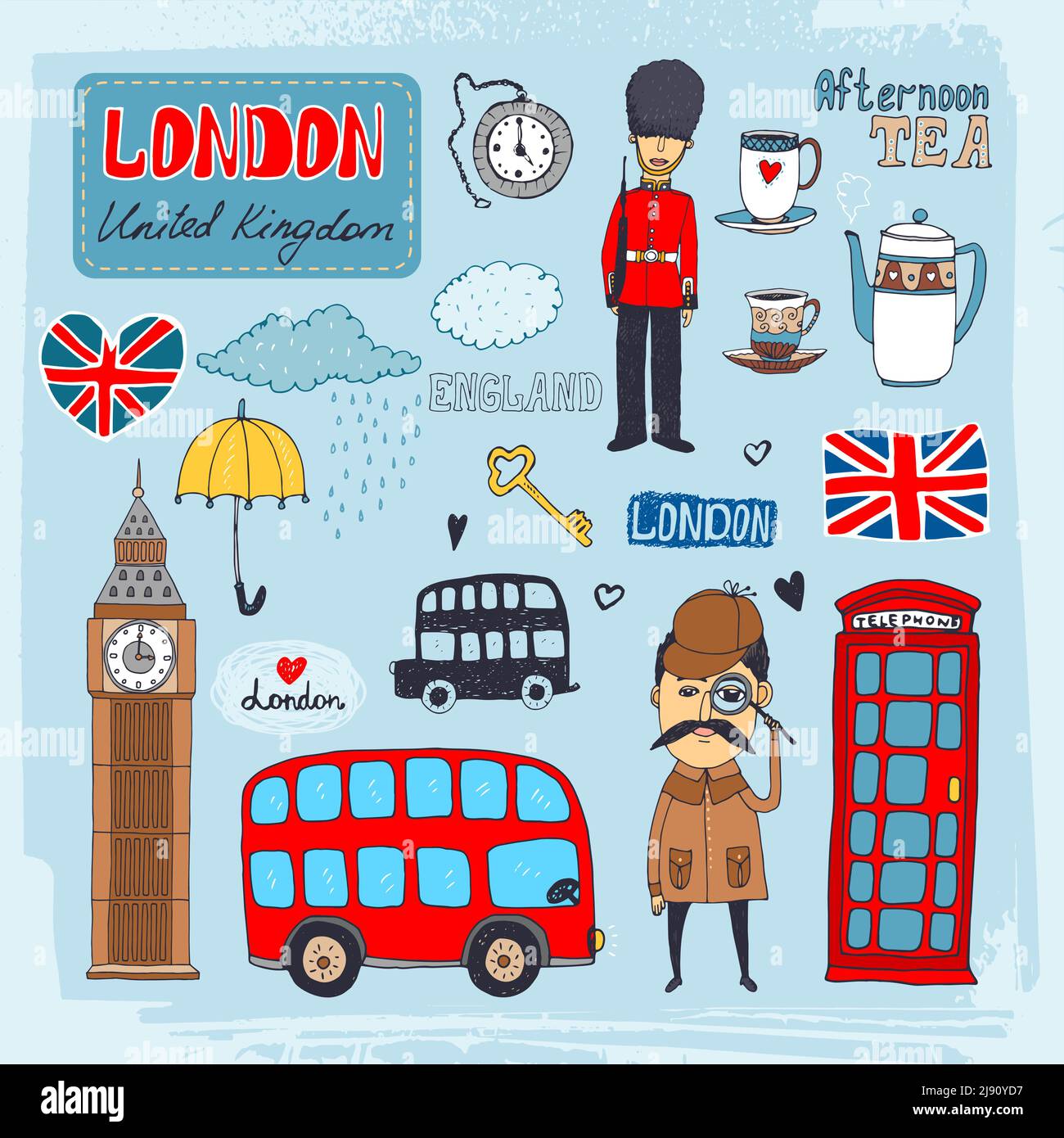 Set of hand-drawn illustrations of London landmarks and iconic symbols ...