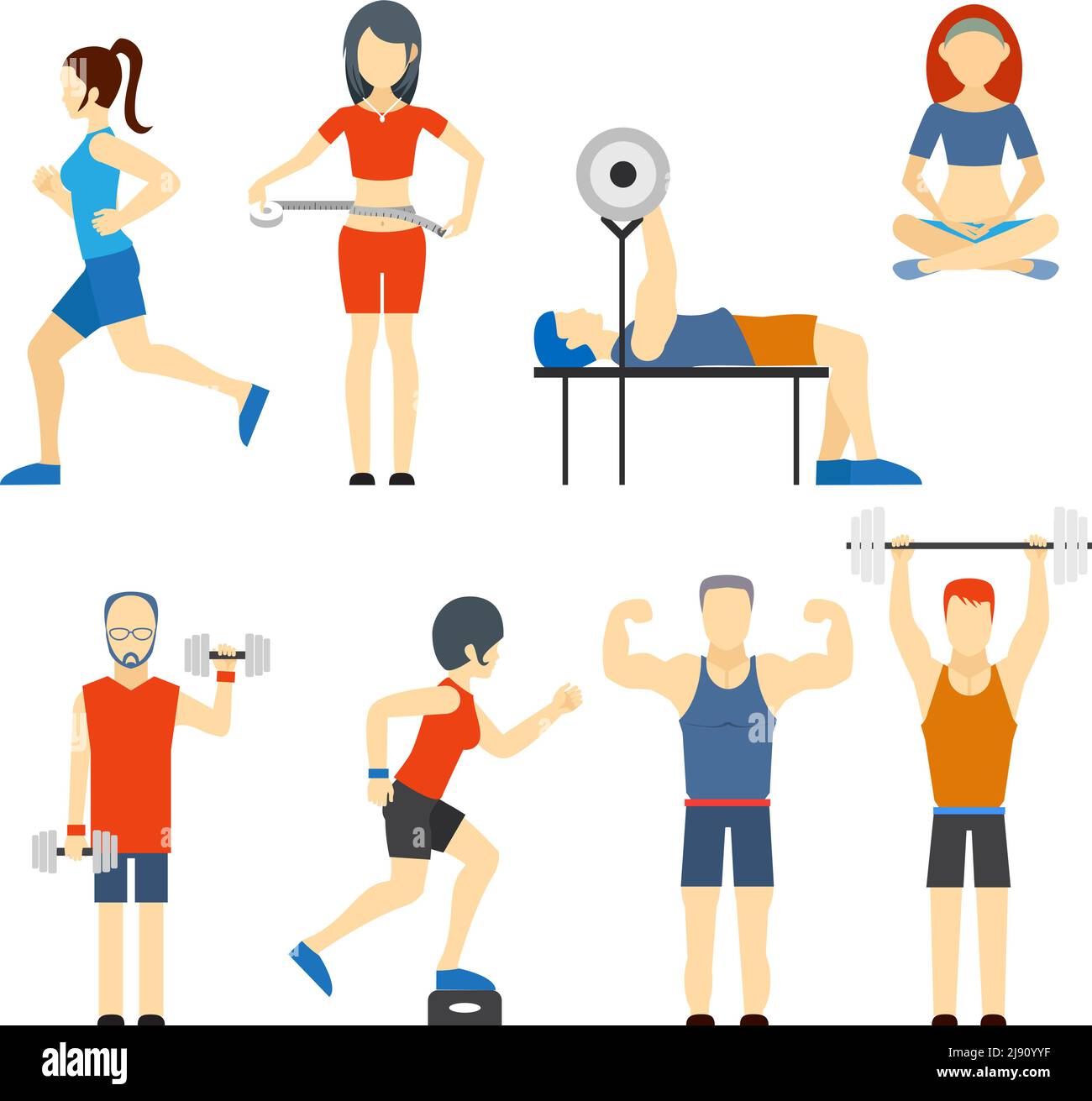 Set of colored vector icons of people exercising at the gym and fitness ...