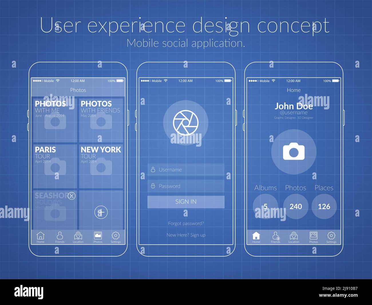 Mobile UX design concept with screens icons and web elements for social ...