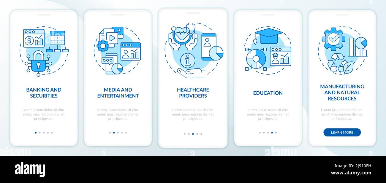Types of big data applications blue onboarding mobile app screen Stock ...