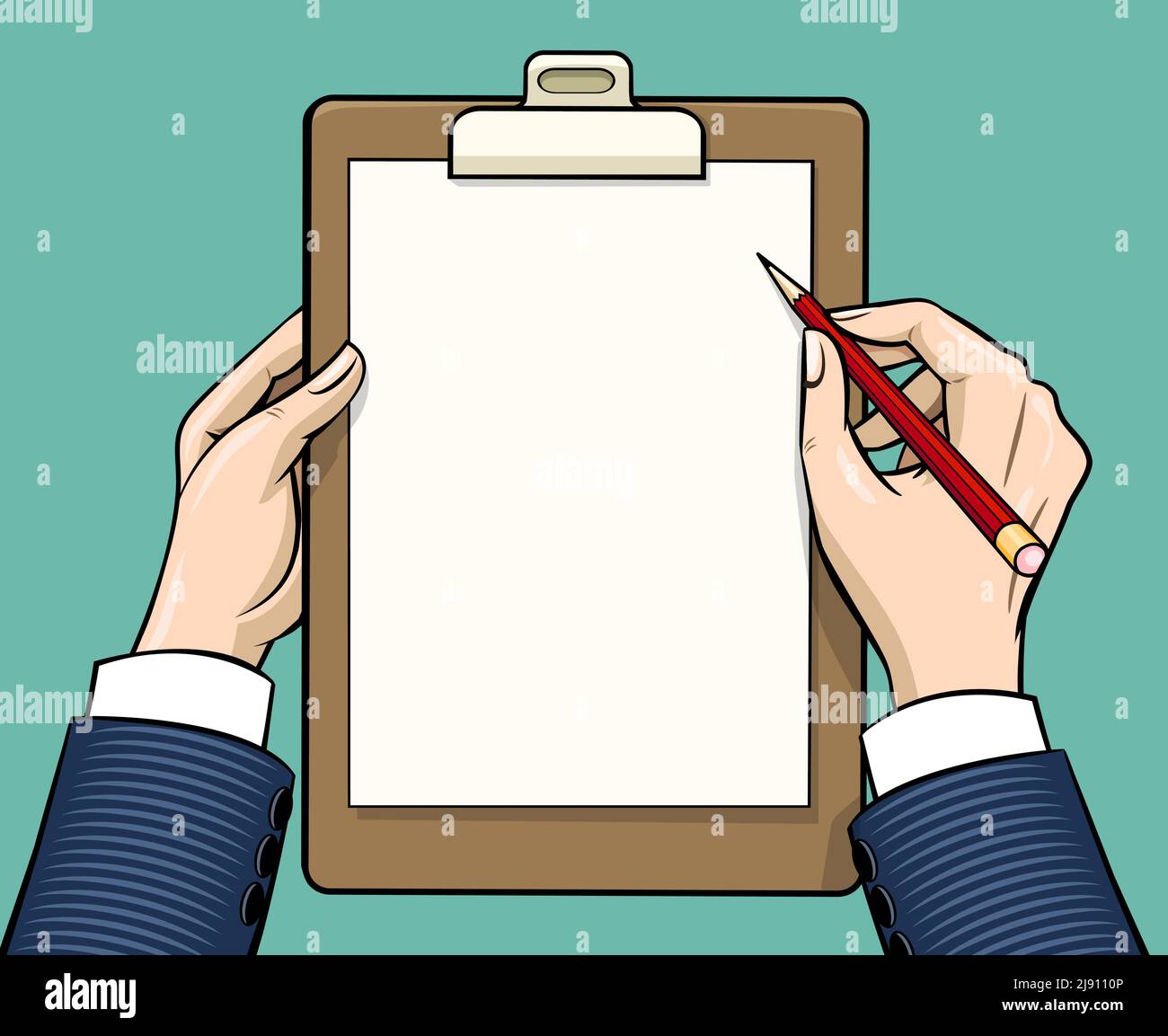 Hands holding clipboard with empty paper sheet, vector illustration in ...