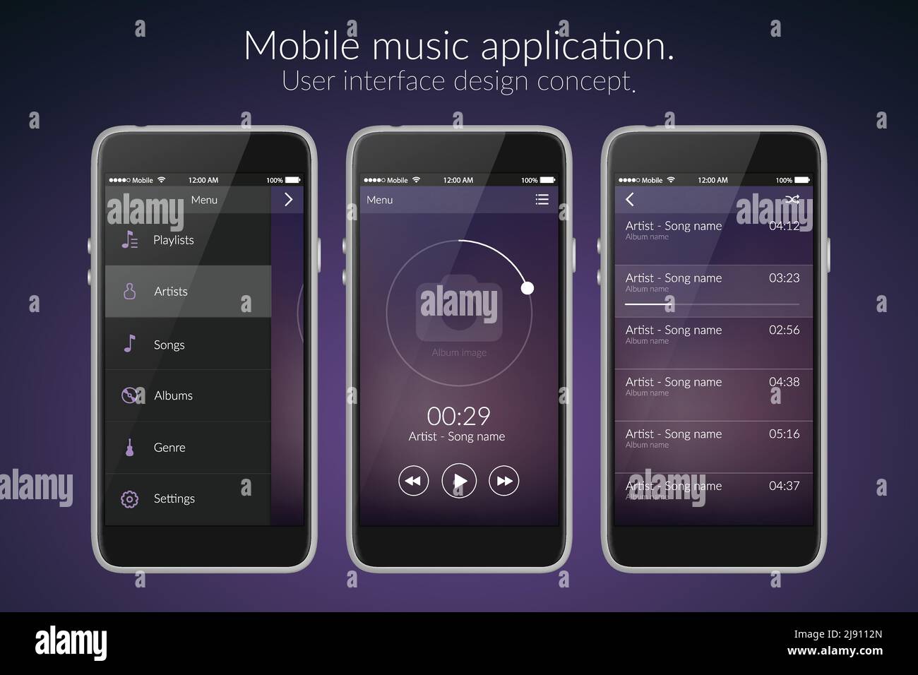 Mobile music application interface design concept isolated on dark ...
