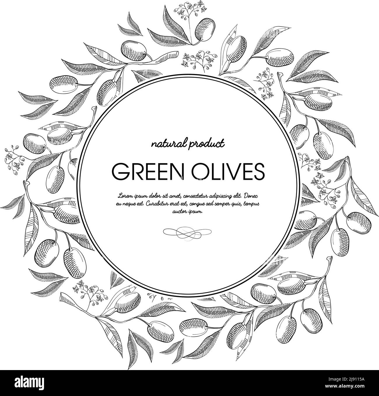 Green olives round wreath sketch composition with beautiful blooms and ...