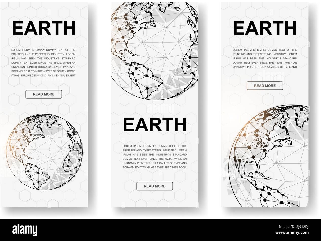 Set of three Earth polygonal vertical banners. 3d World map low poly ...