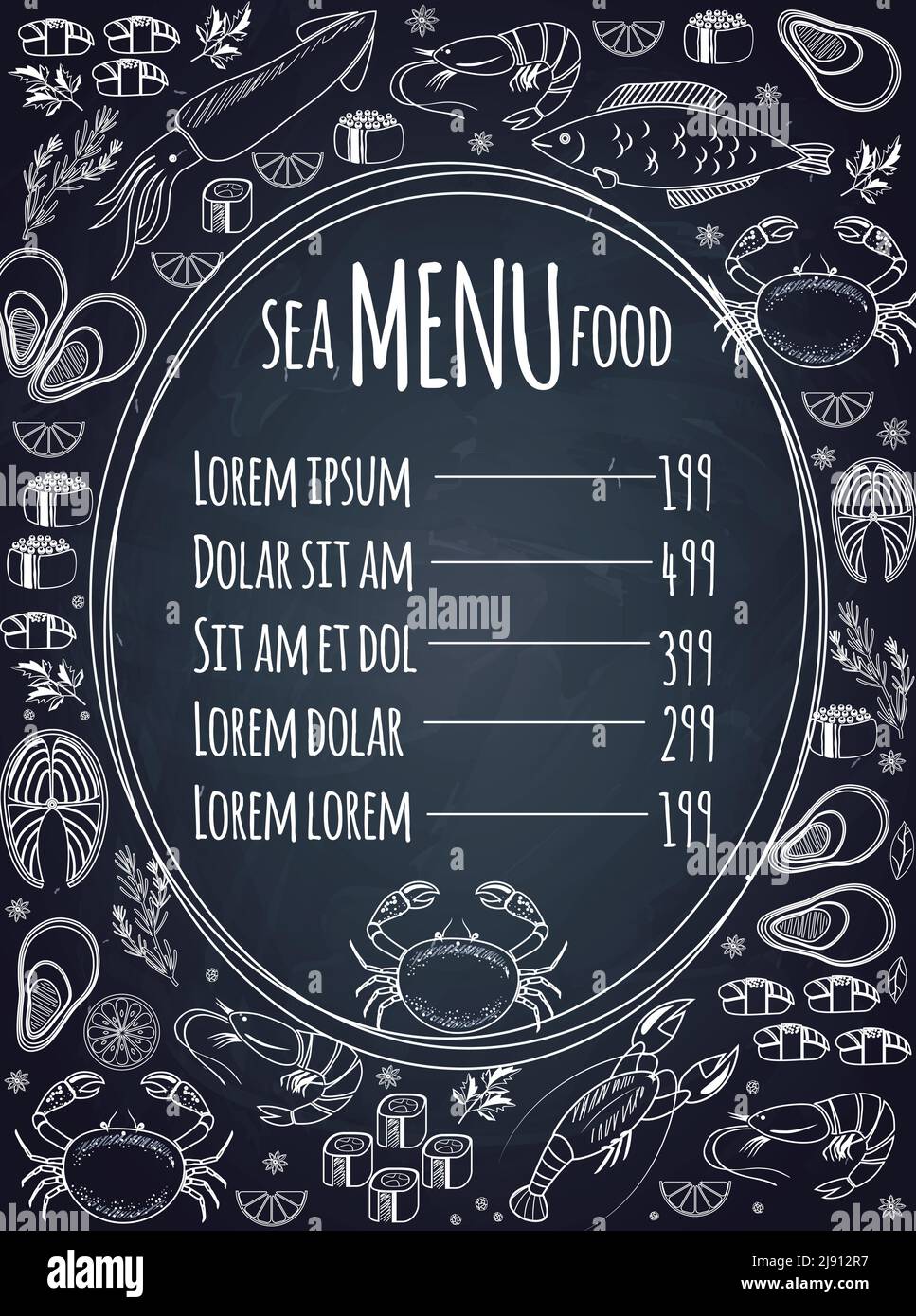 Seafood chalkboard menu with a central oval frame with a list of prices ...