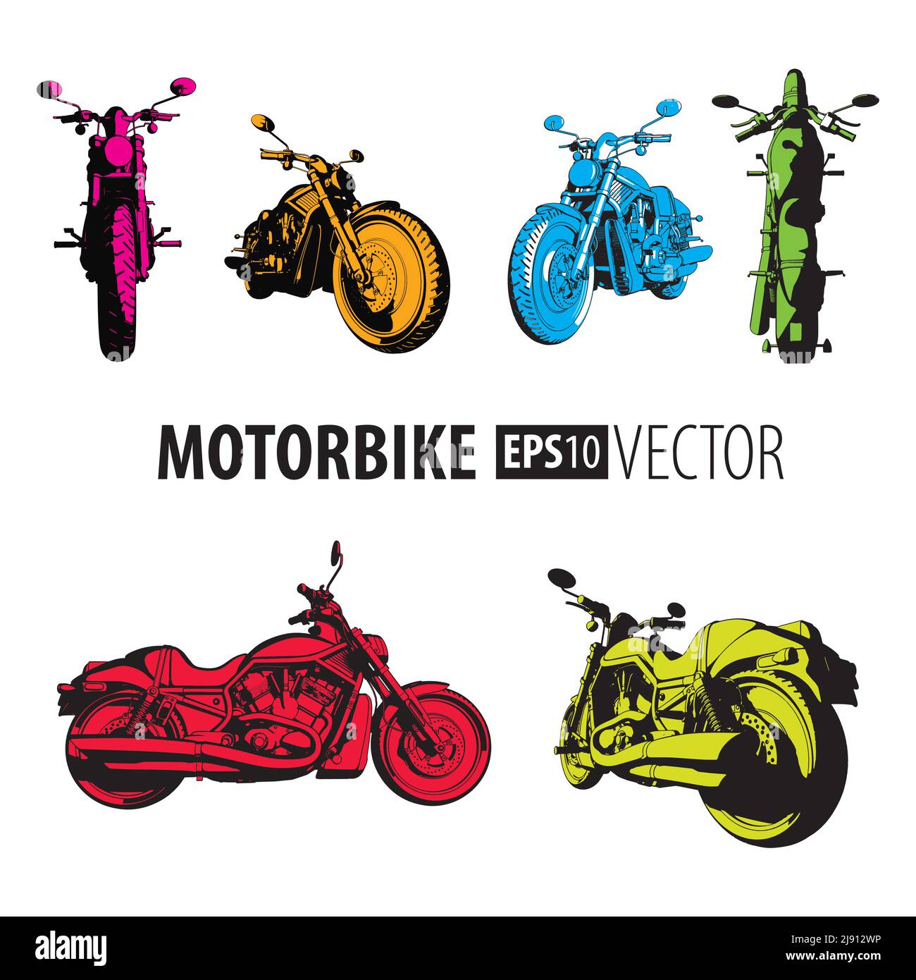 Motorbike Colorful Set Collection with six different bikes on white ...