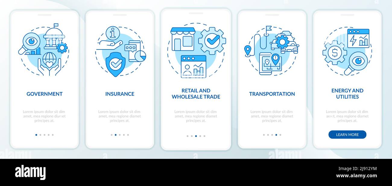 Big data applications types blue onboarding mobile app screen Stock ...