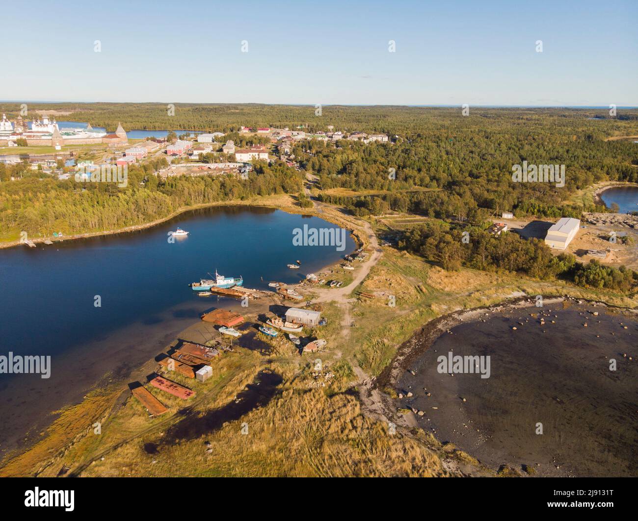 View of the Solovetsky Monastery from the air. Sea bay. Russia, Solovki ...