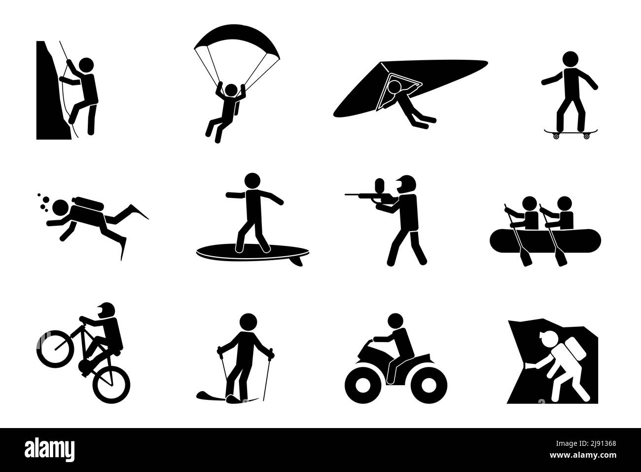 Extreme sports or adventure icons. Speleology and parachute, swimming ...