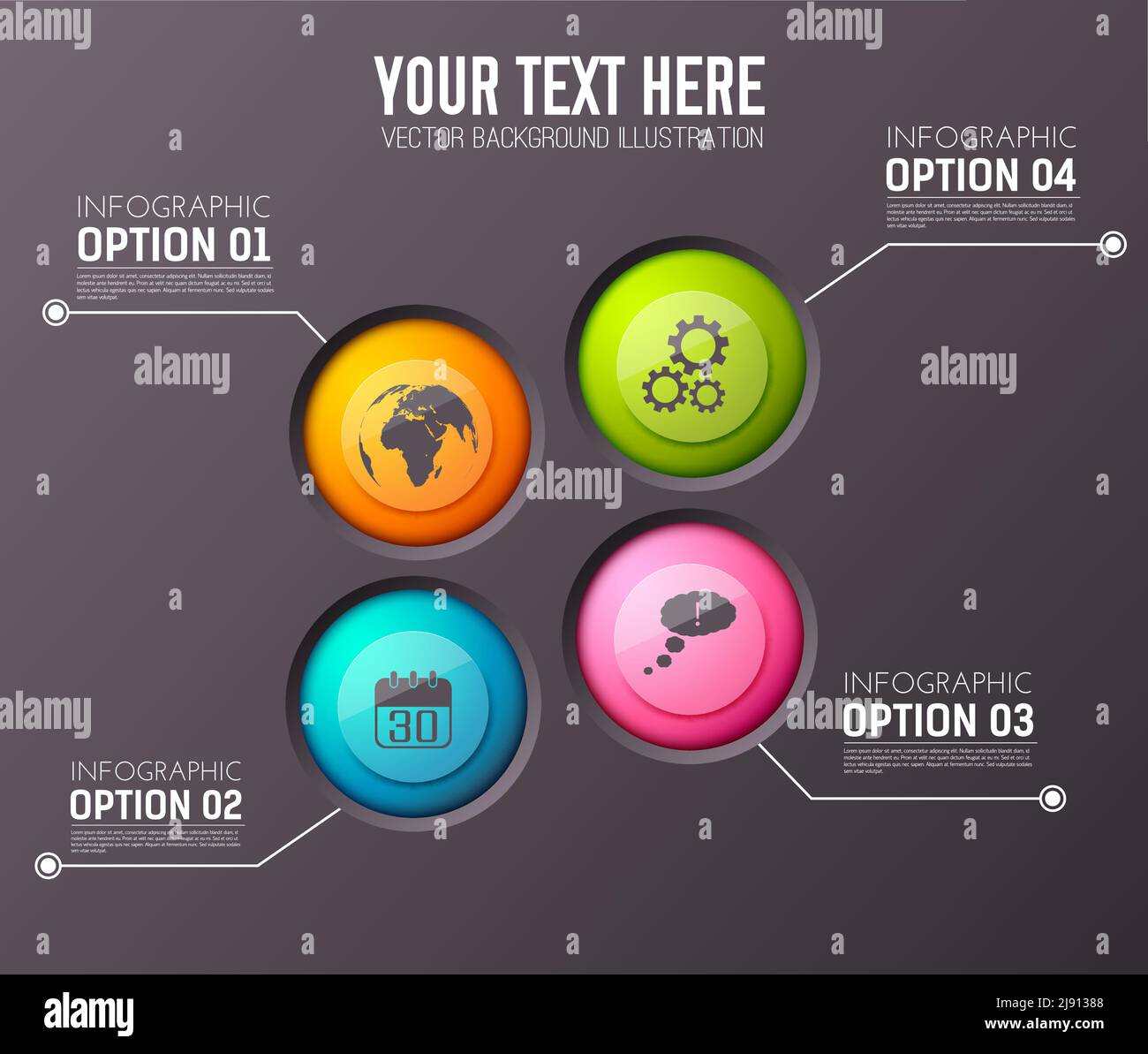 Infographic concept with four round buttons of different colour with ...