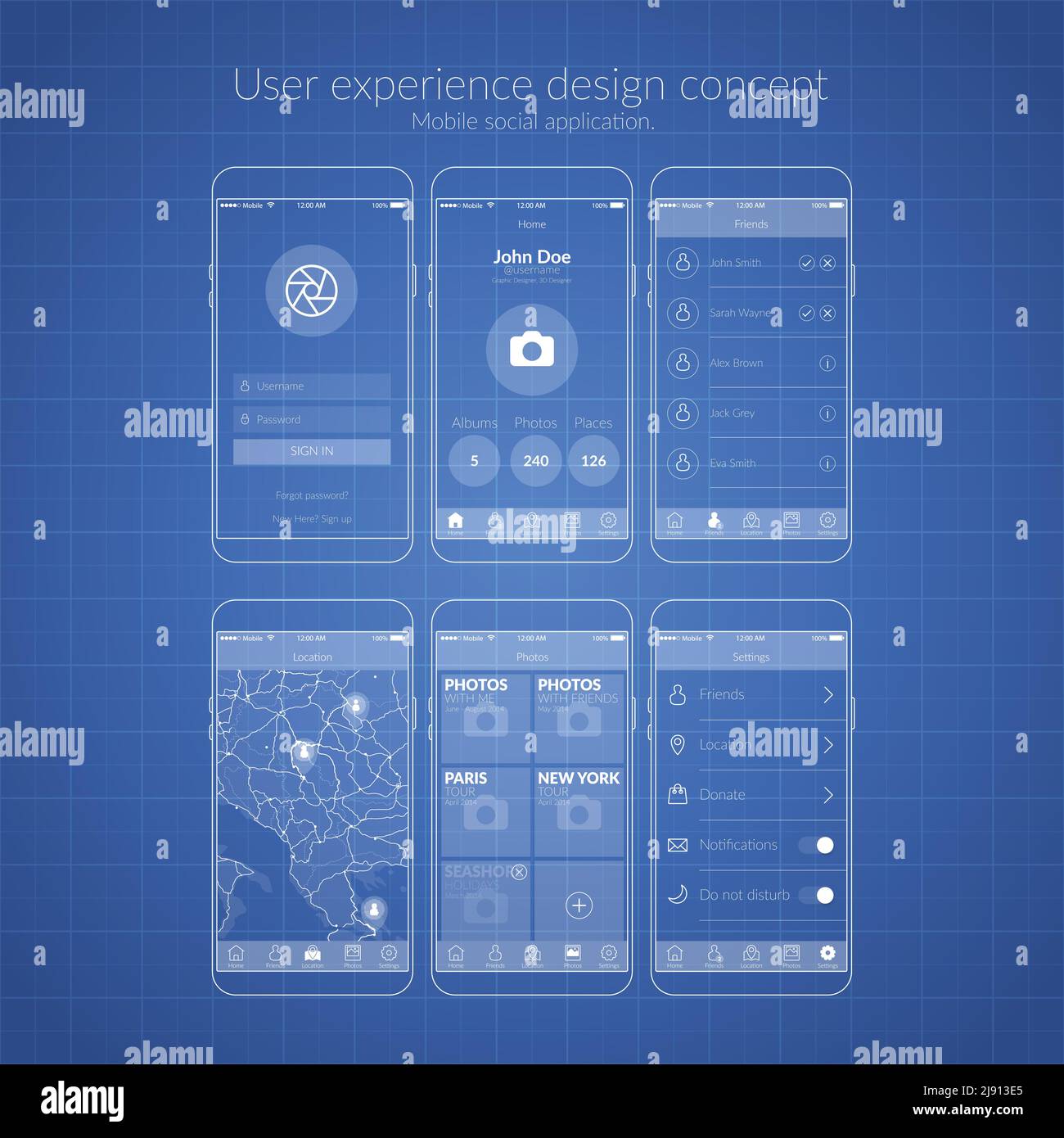 Mobile social application user experience design concept in blue color ...