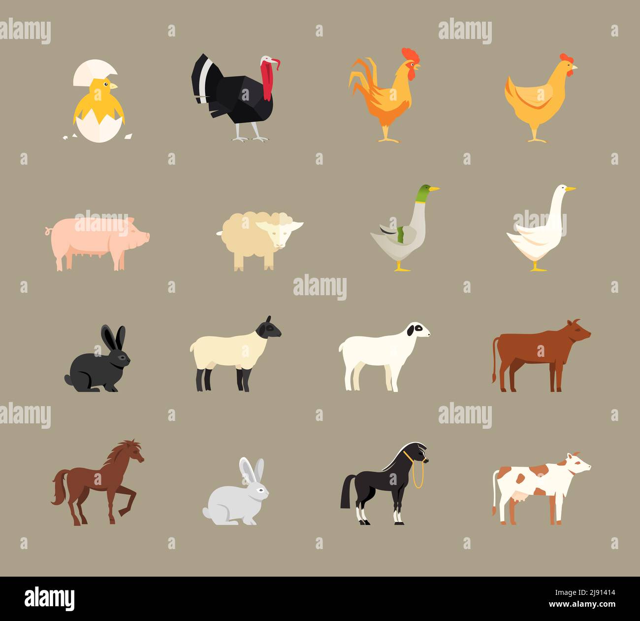 Farm animals set in flat vector style with a chicken turkey hen cock ...