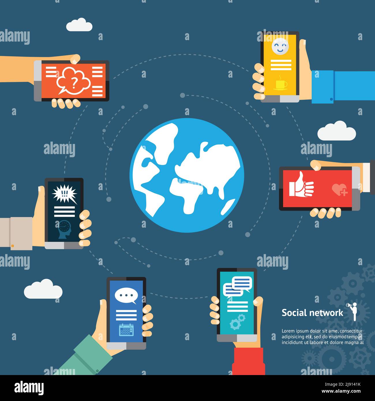 Mobile instant messenger globe network concept. Hands with smartphones ...