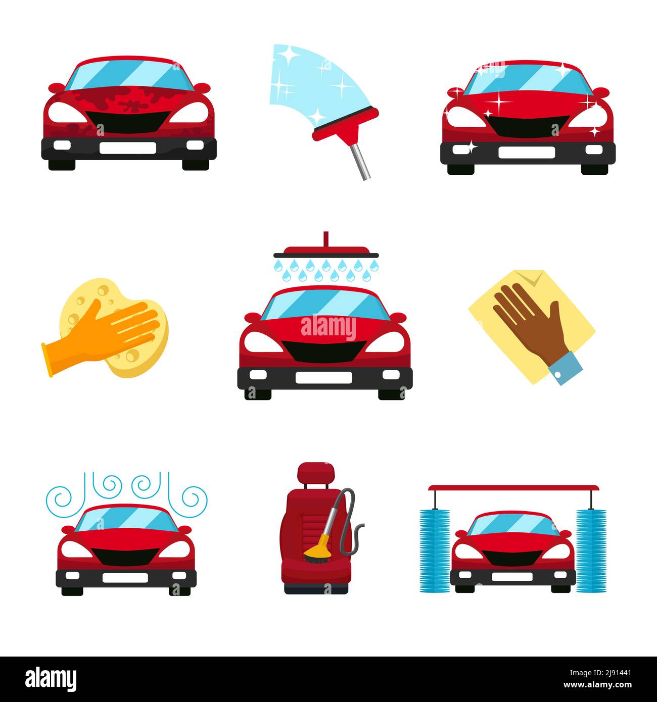 Vector set of car washing flat icons. Service wash, vacuum chair, wet ...