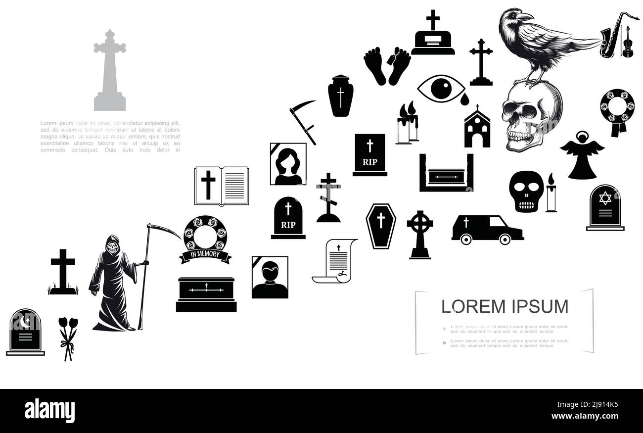 Flat death template with grim reaper crow sitting on skull funeral and ...