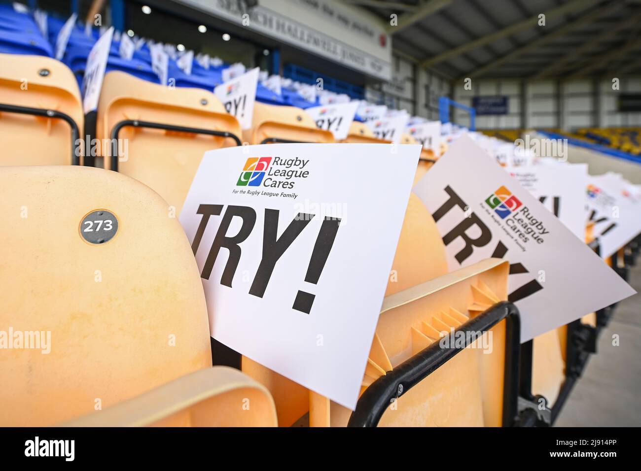 Rugby league cares TRY sign on the seats at the Halliwell Jones Stadium ...