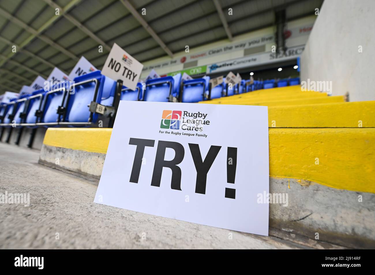 Rugby league cares TRY, NO TRY sign on the seats at the Halliwell Jones ...