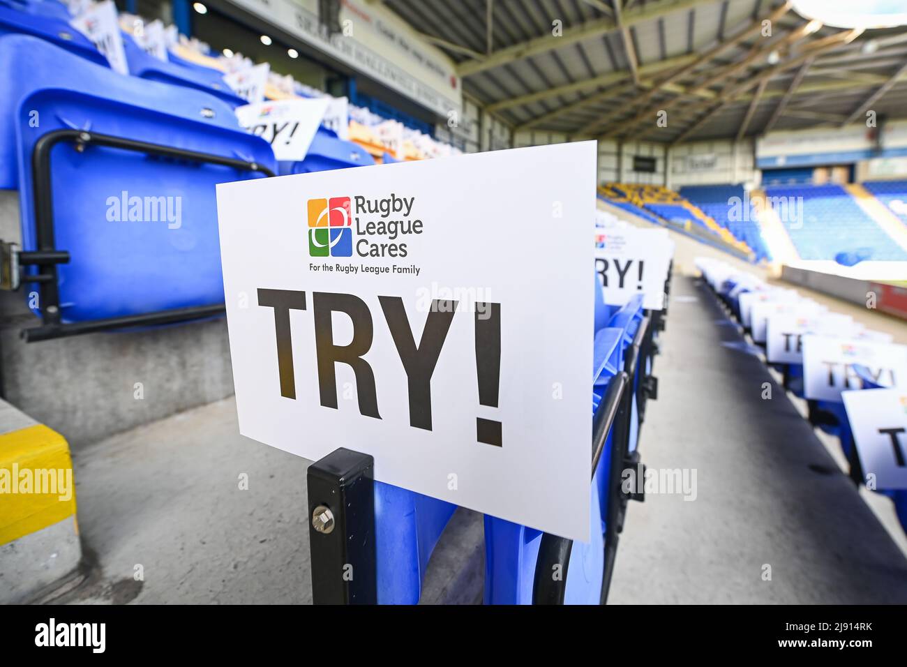 Rugby league cares TRY sign on the seats at the Halliwell Jones Stadium ...