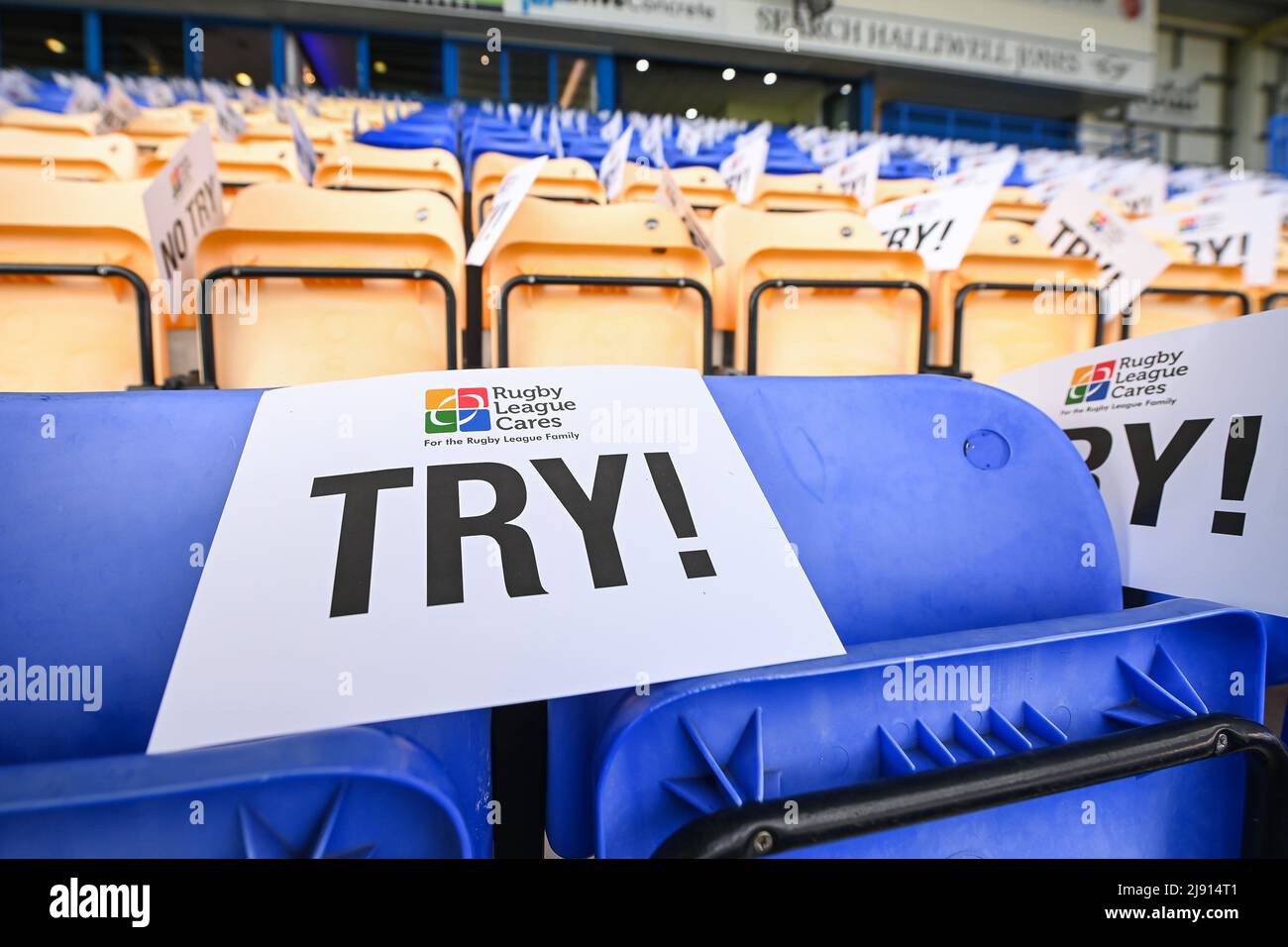 Rugby league cares TRY sign on the seats at the Halliwell Jones Stadium ...