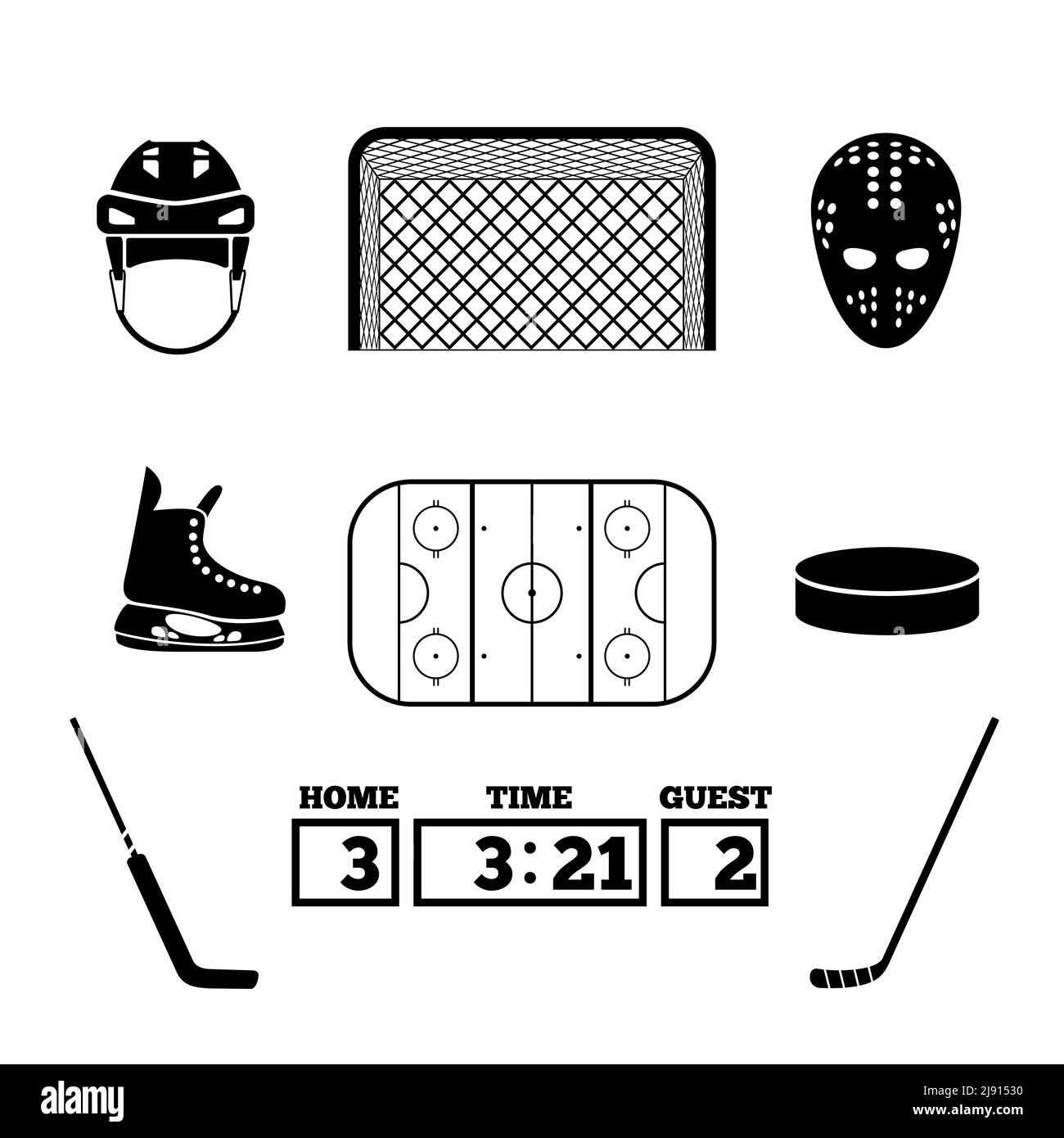 Hockey icons set. Competition and stick, display and helmet, gate and ...