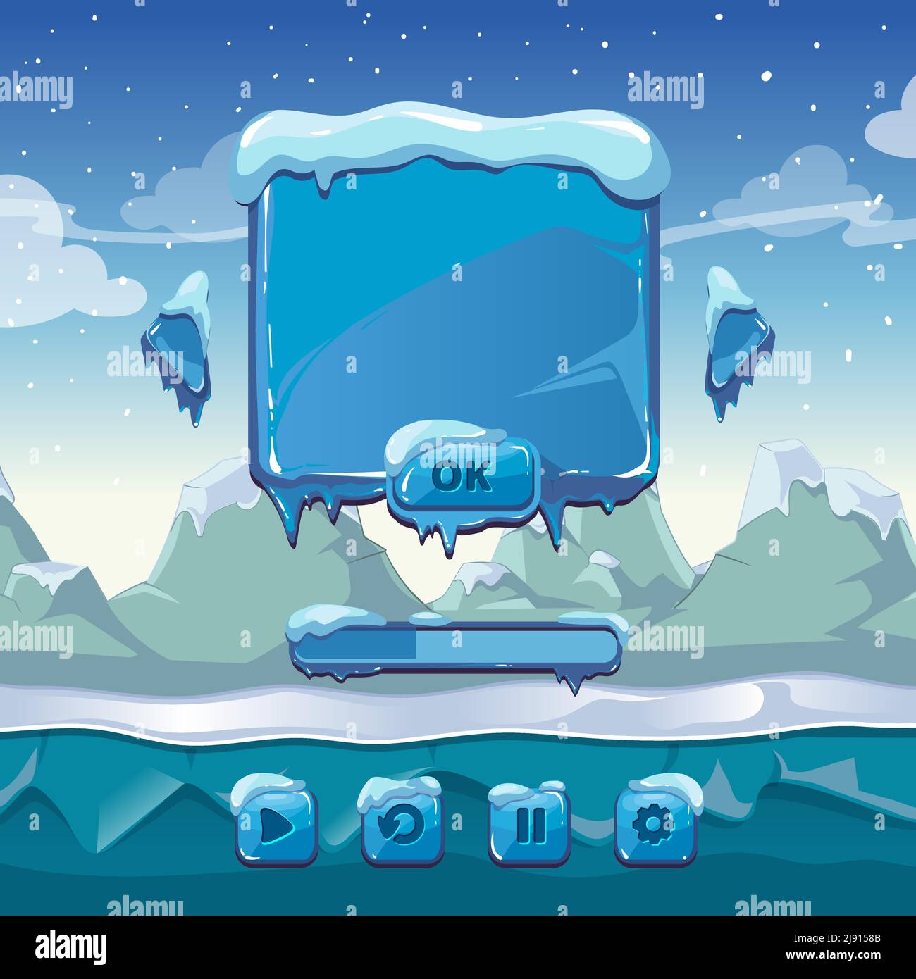 Main winter game menu. Interface cartoon gui, ice and cold, app button ...
