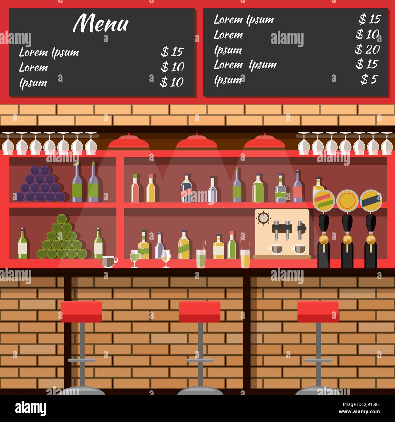 Interior of the bar with board menu. Cocktail drink, glass and alcohol ...