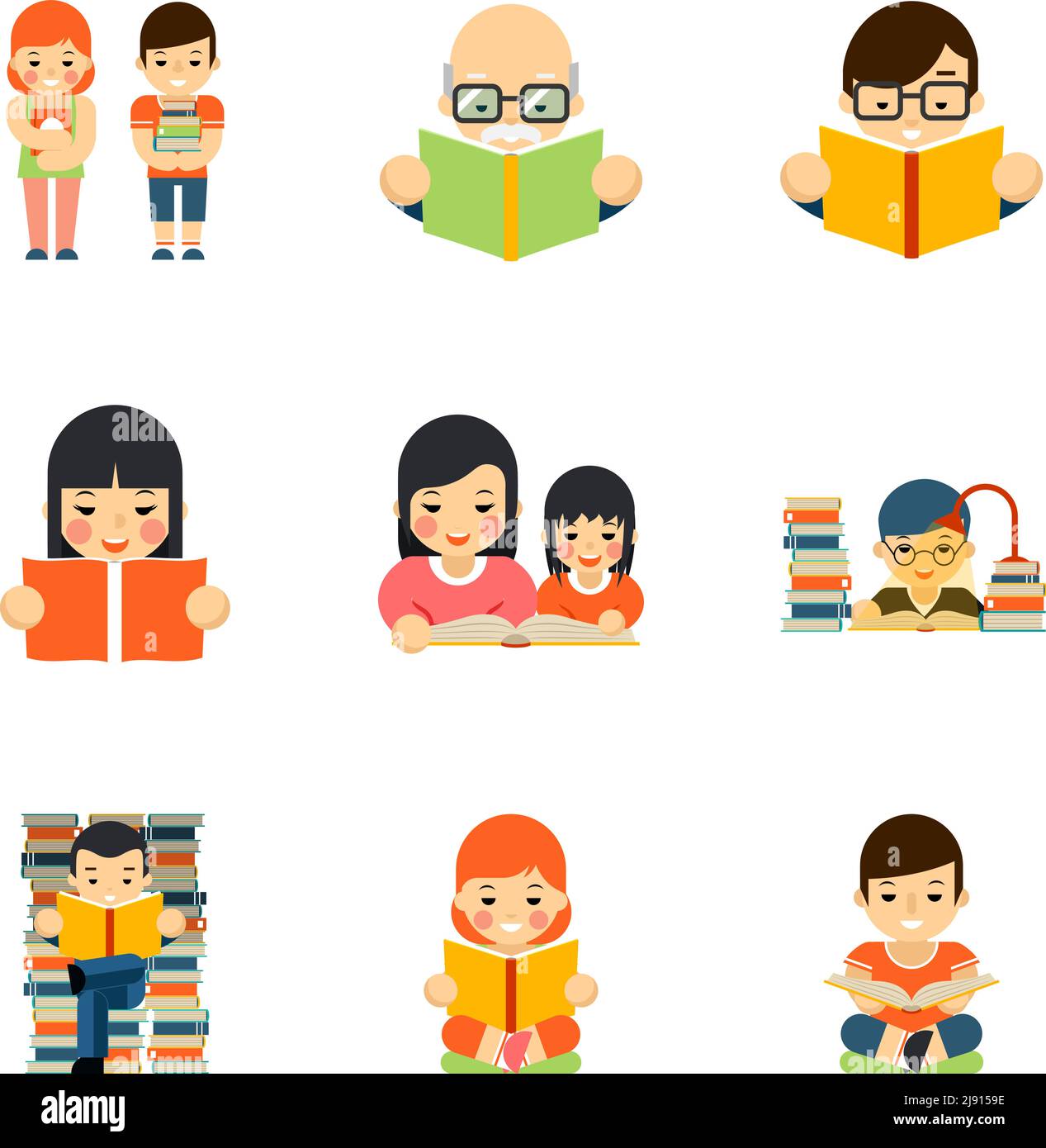 Icons set of people reading book in flat style design. Education school ...