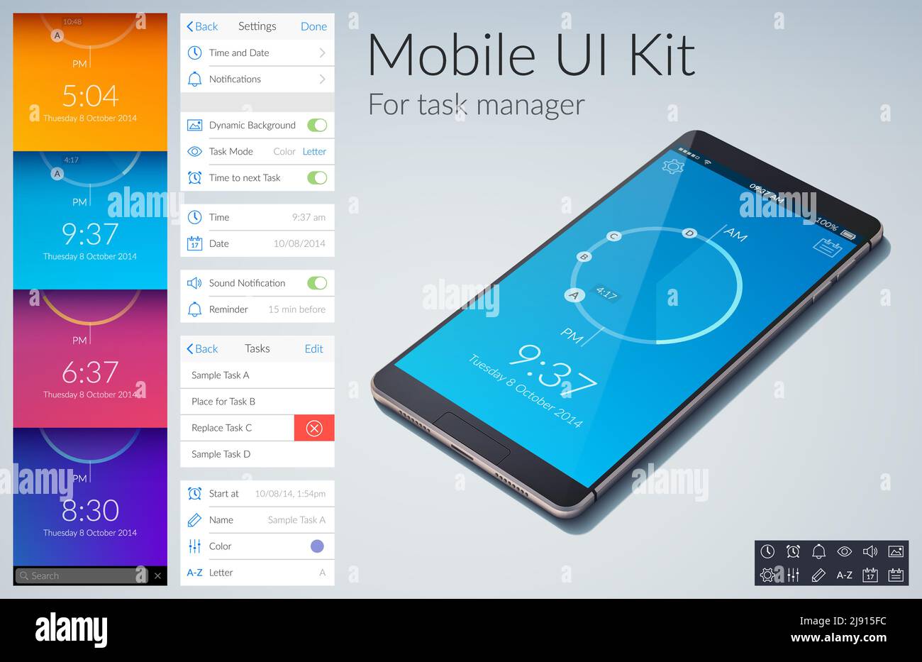 Mobile ui kit design concept for task manage with colorful backgrounds ...