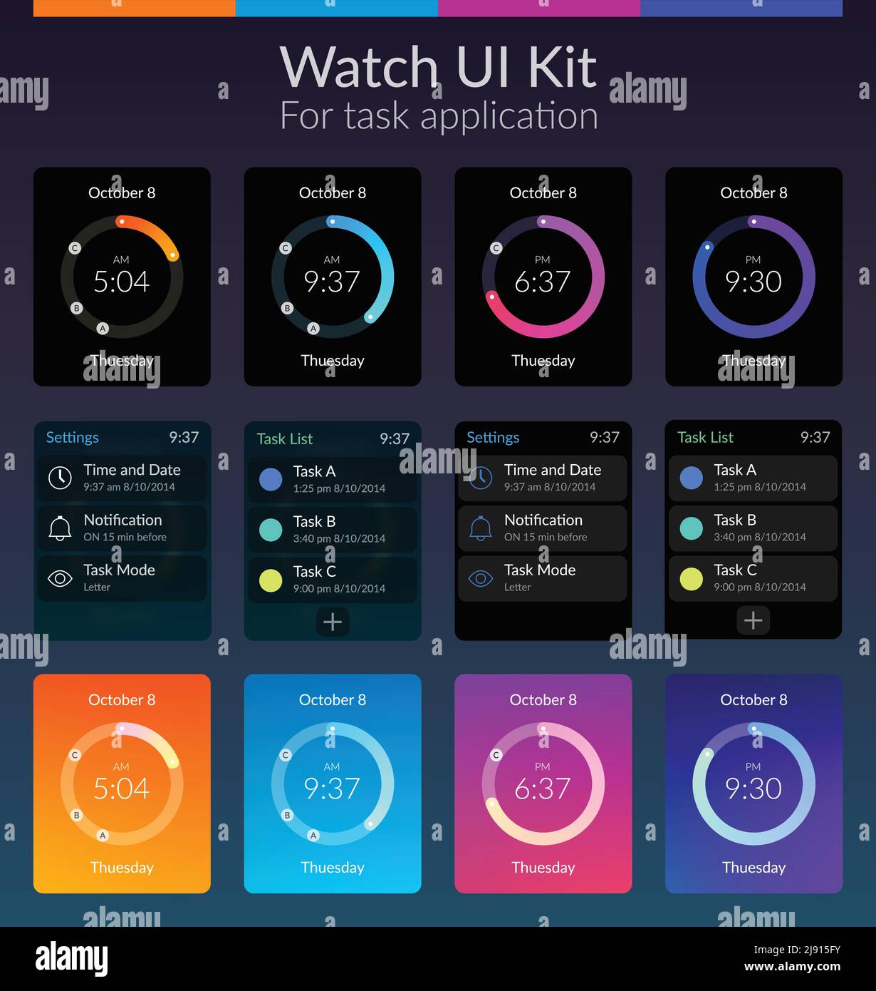 Mobile watch ui kit design concept with colorful backgrounds flat ...