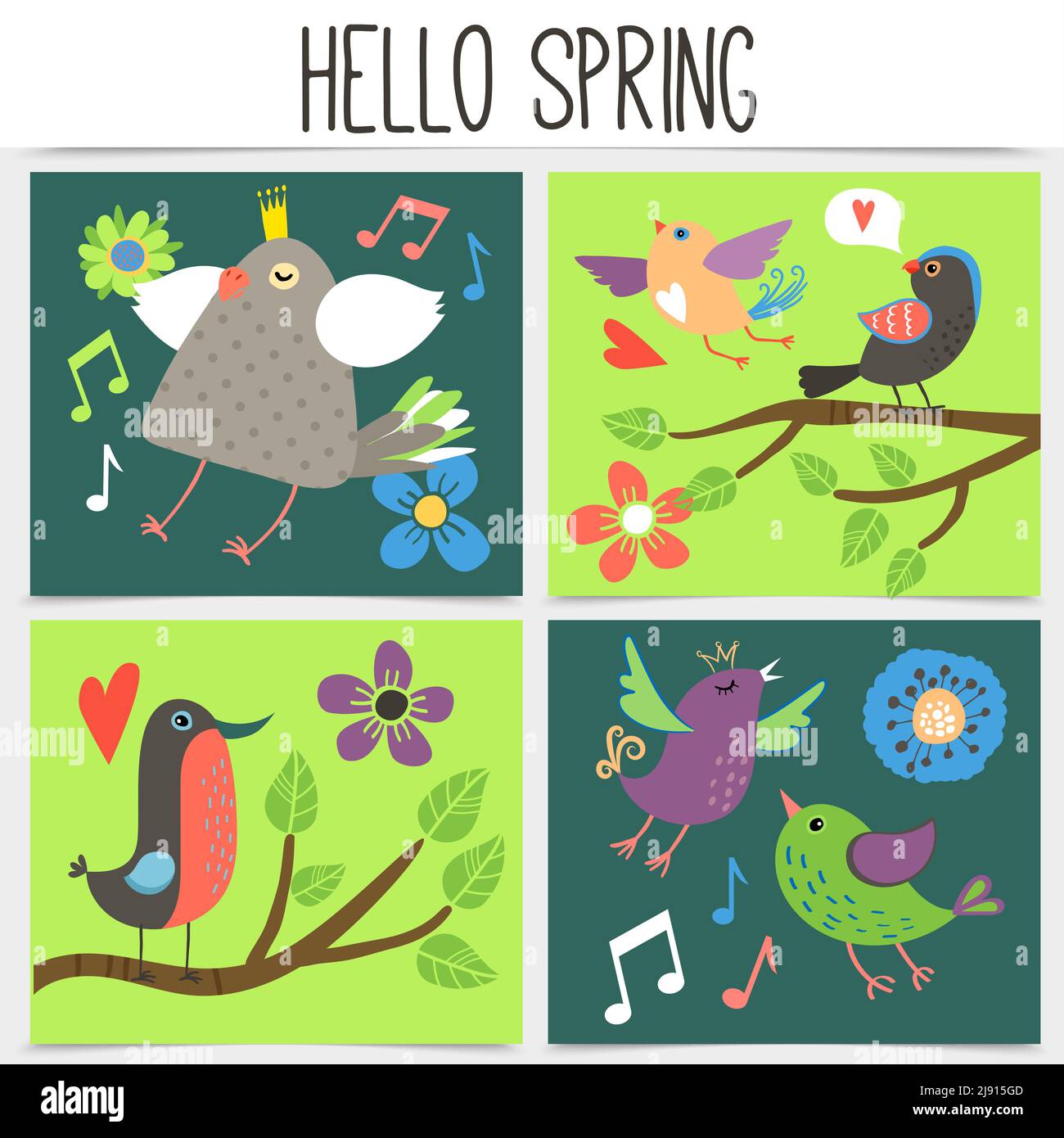 Flat spring time square concept with singing cute birds music notes and ...