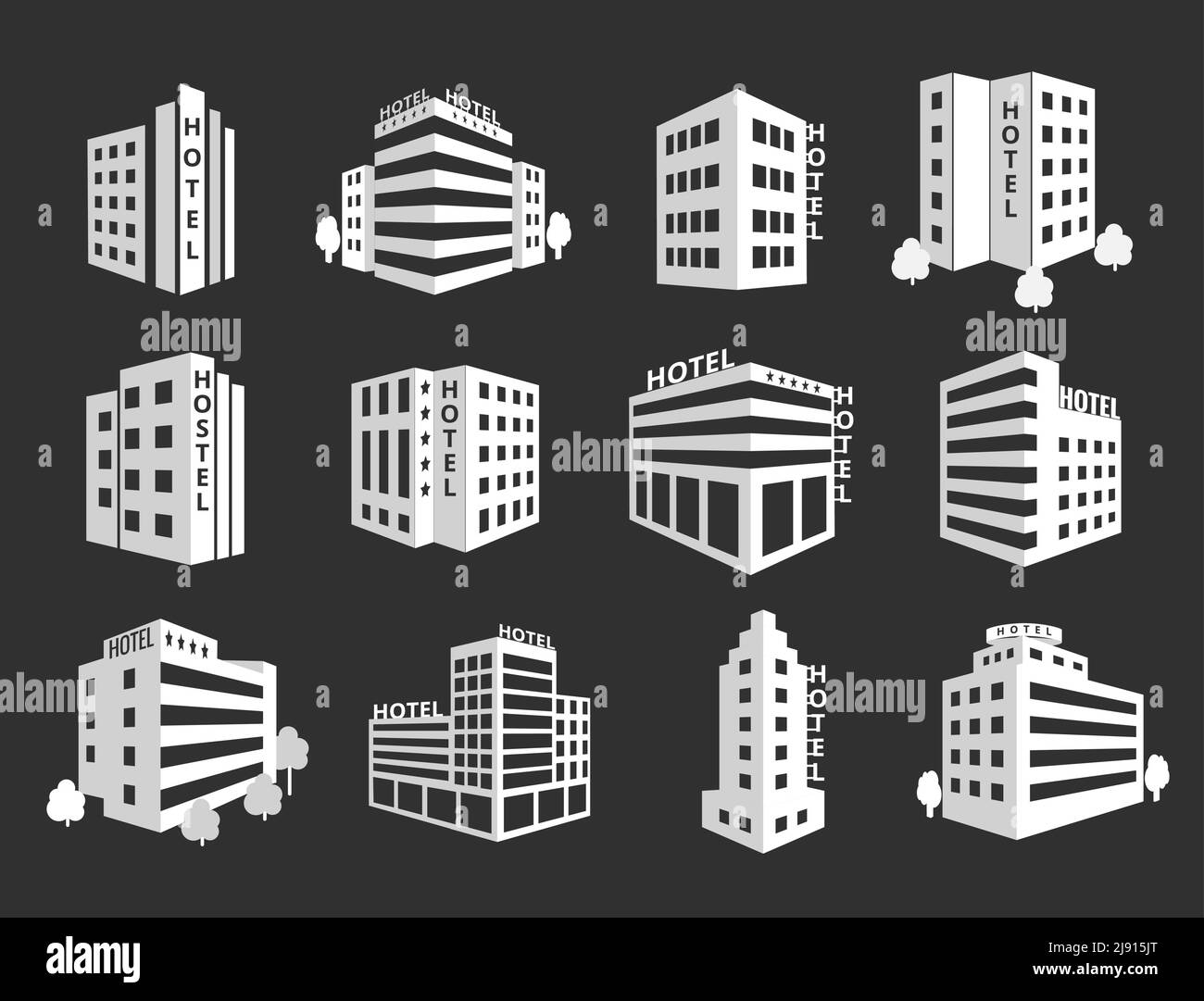 Vector set of hotel icons. Business building, architecture residential ...