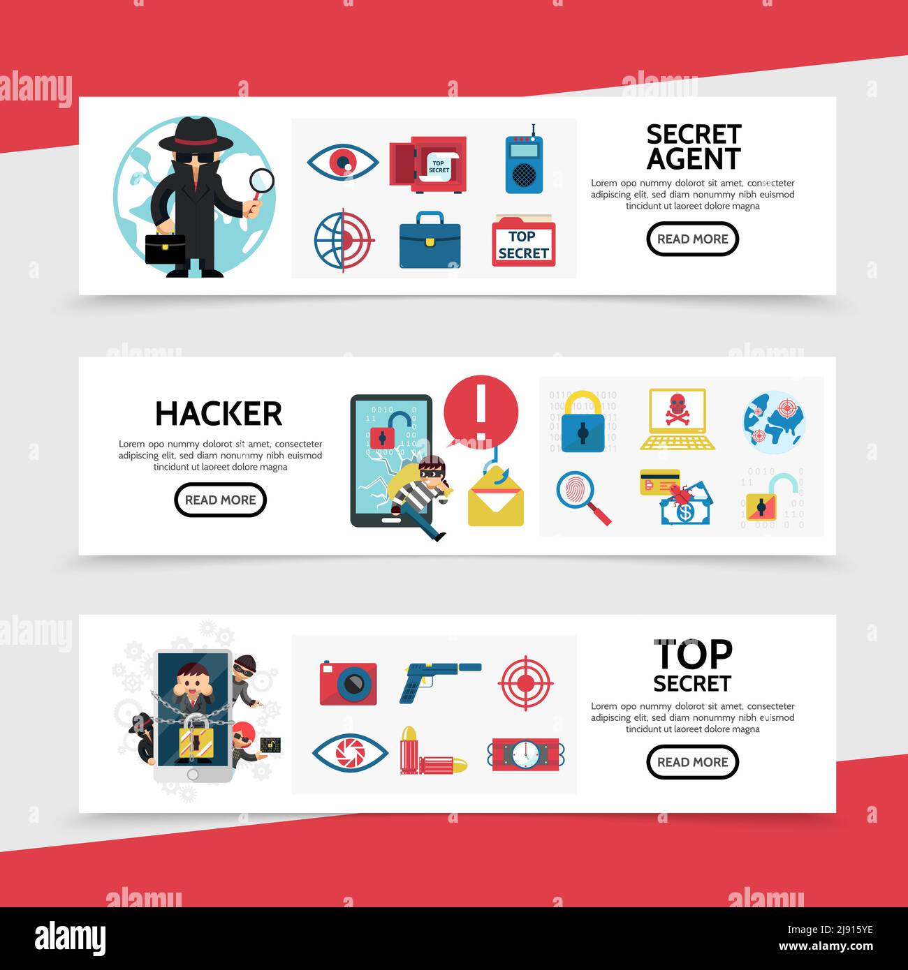 Flat hacking horizontal banners with secret agent hacker safe remote ...