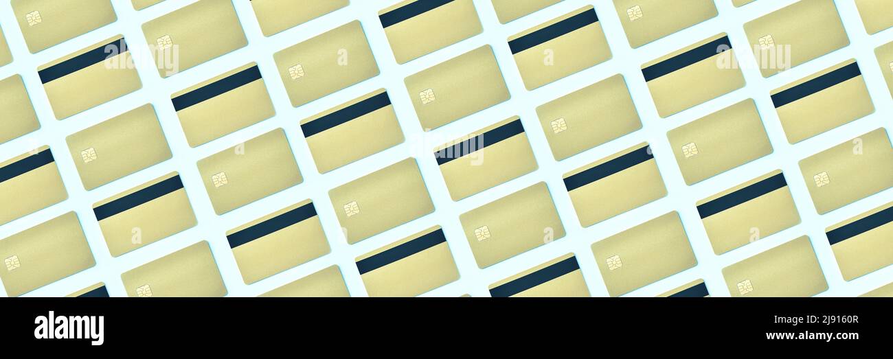 Plastic credit card mockup. Color blue and gold background. Atm empty ...