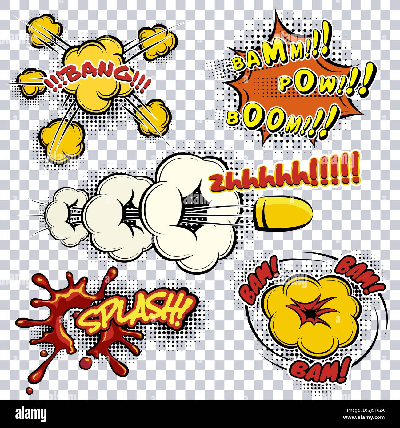 Set of comic book explosions, cloud of smoke and words. Explosion, shot ...