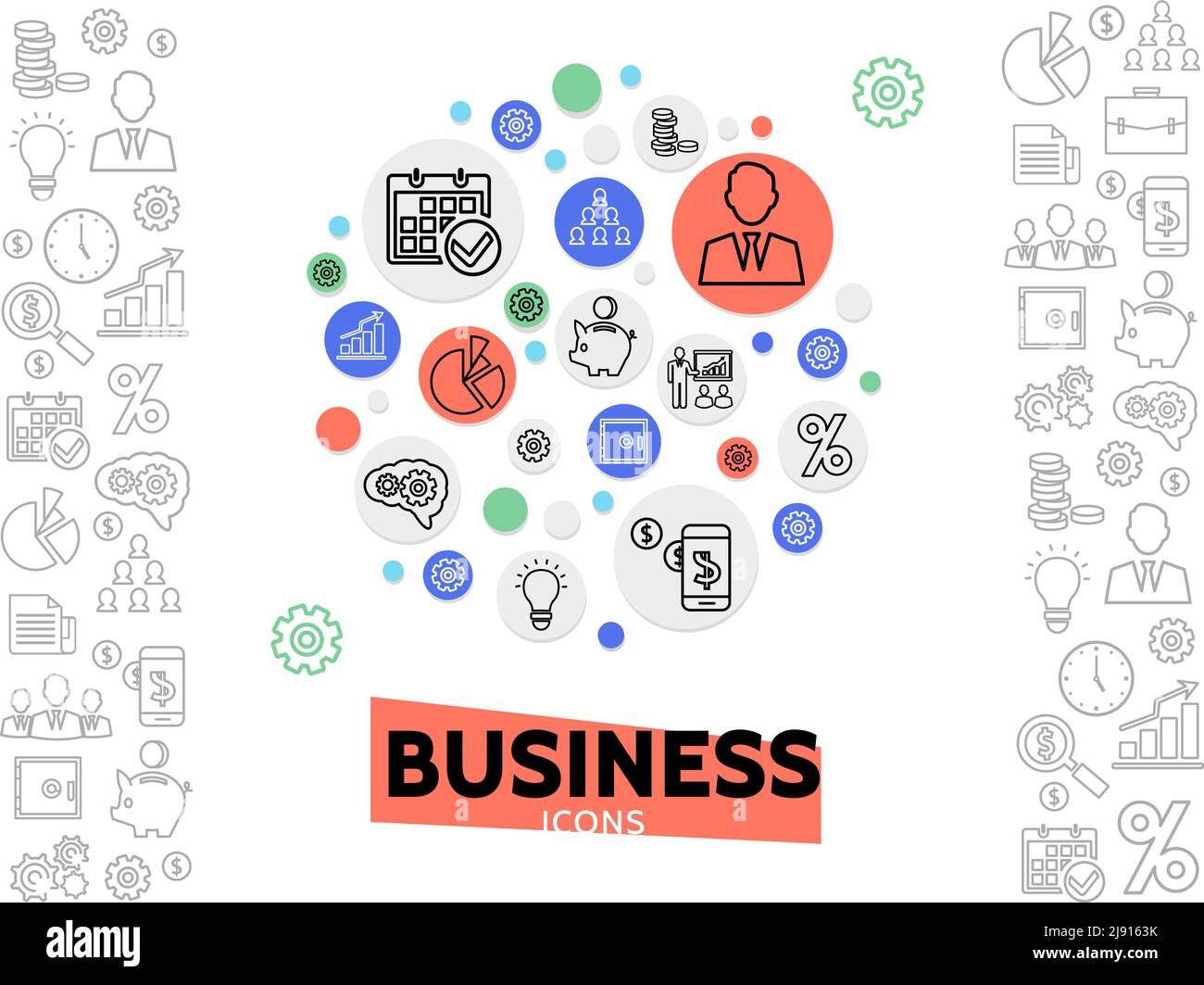 Business and management concept with line icons in colorful circles and ...