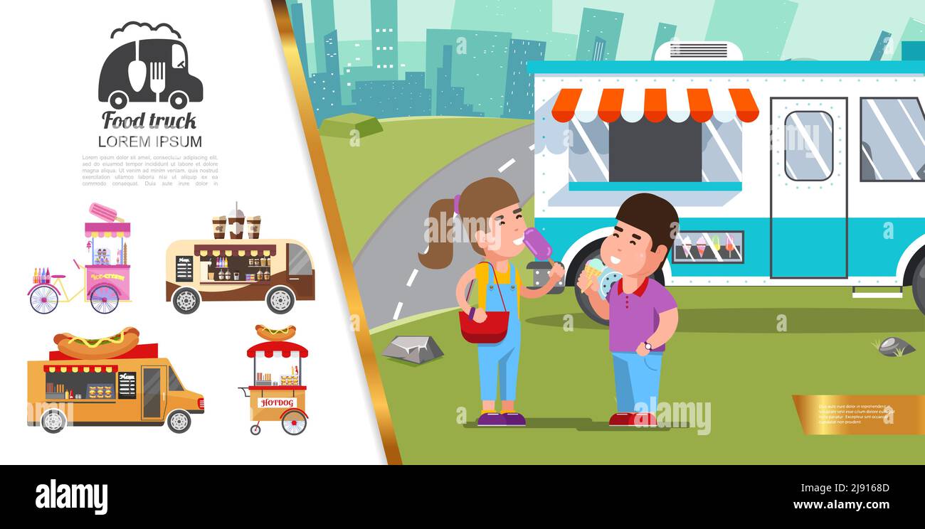 Flat street food concept with kids eating icecream near ice cream van ...