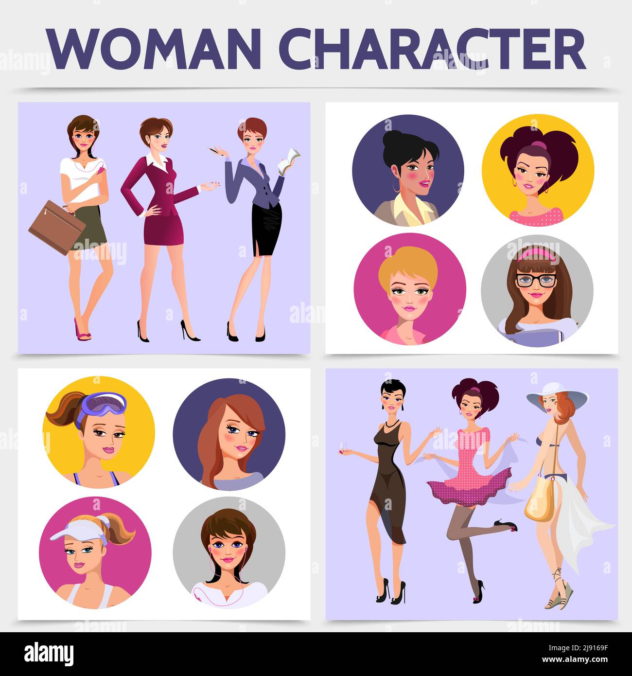 Flat woman characters square concept with businesswoman sportswoman ...
