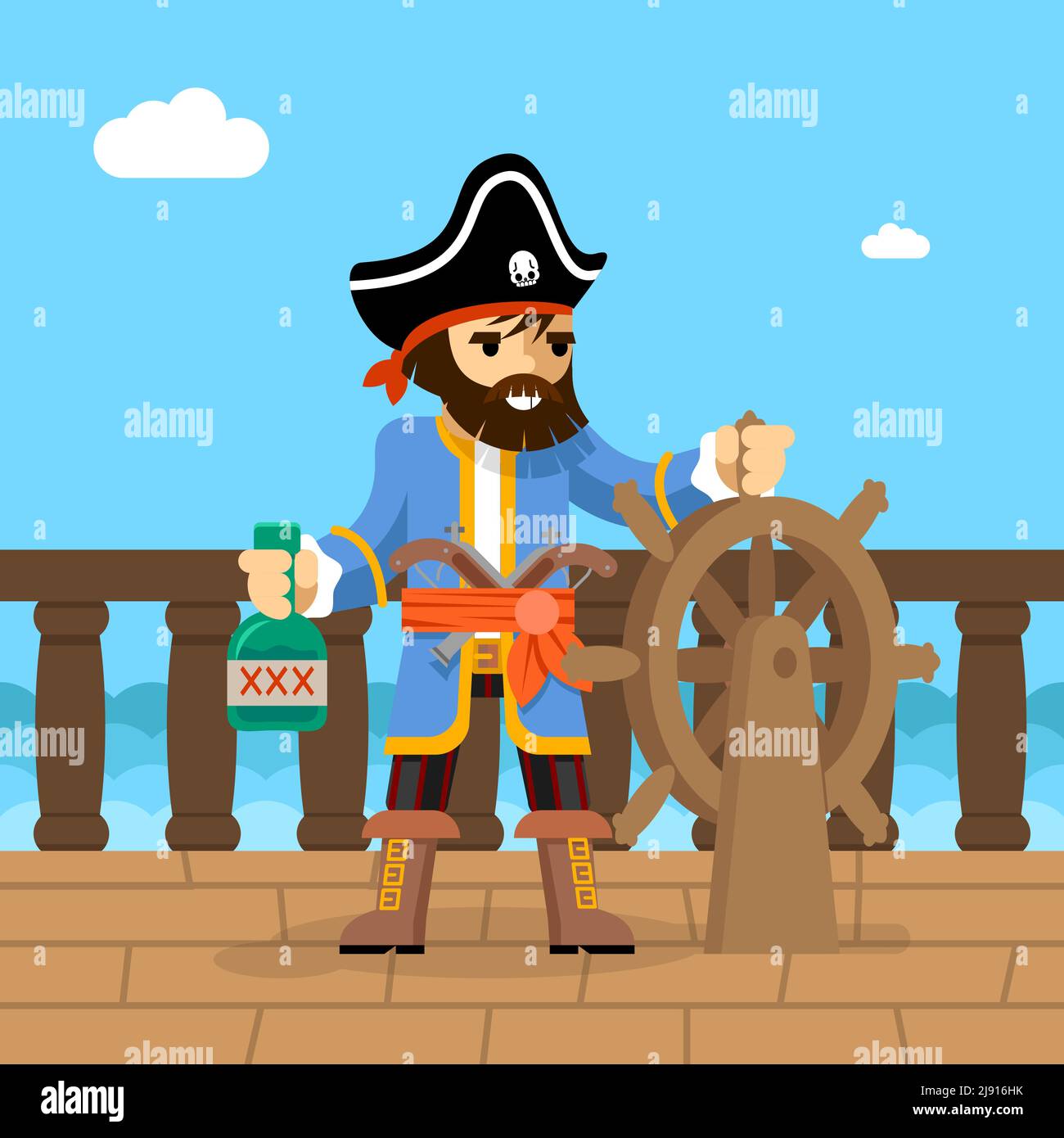 Filibuster. Captain of pirate ship standing on deck at helm with bottle ...