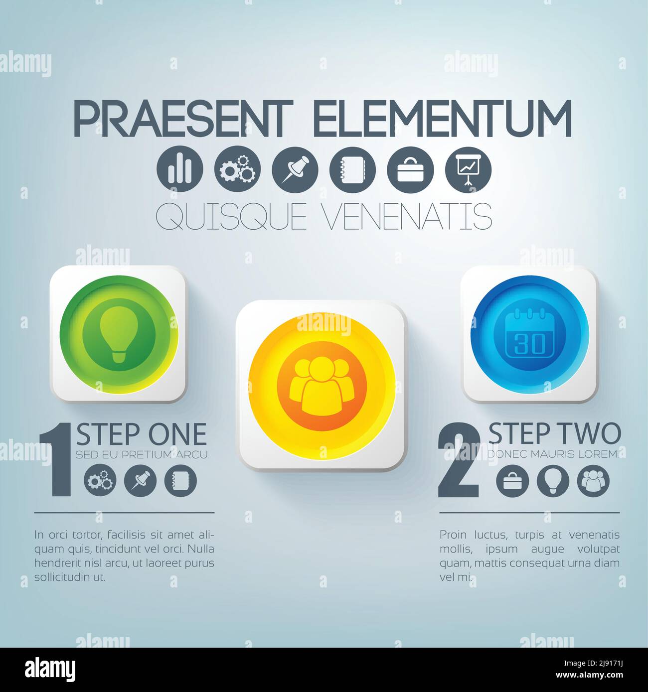Business infographic template with two options colorful round buttons ...