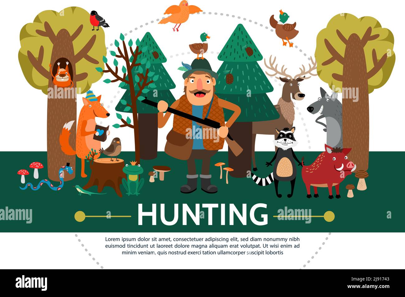 Flat hunting template with smiling hunter squirrel fox reading book ...
