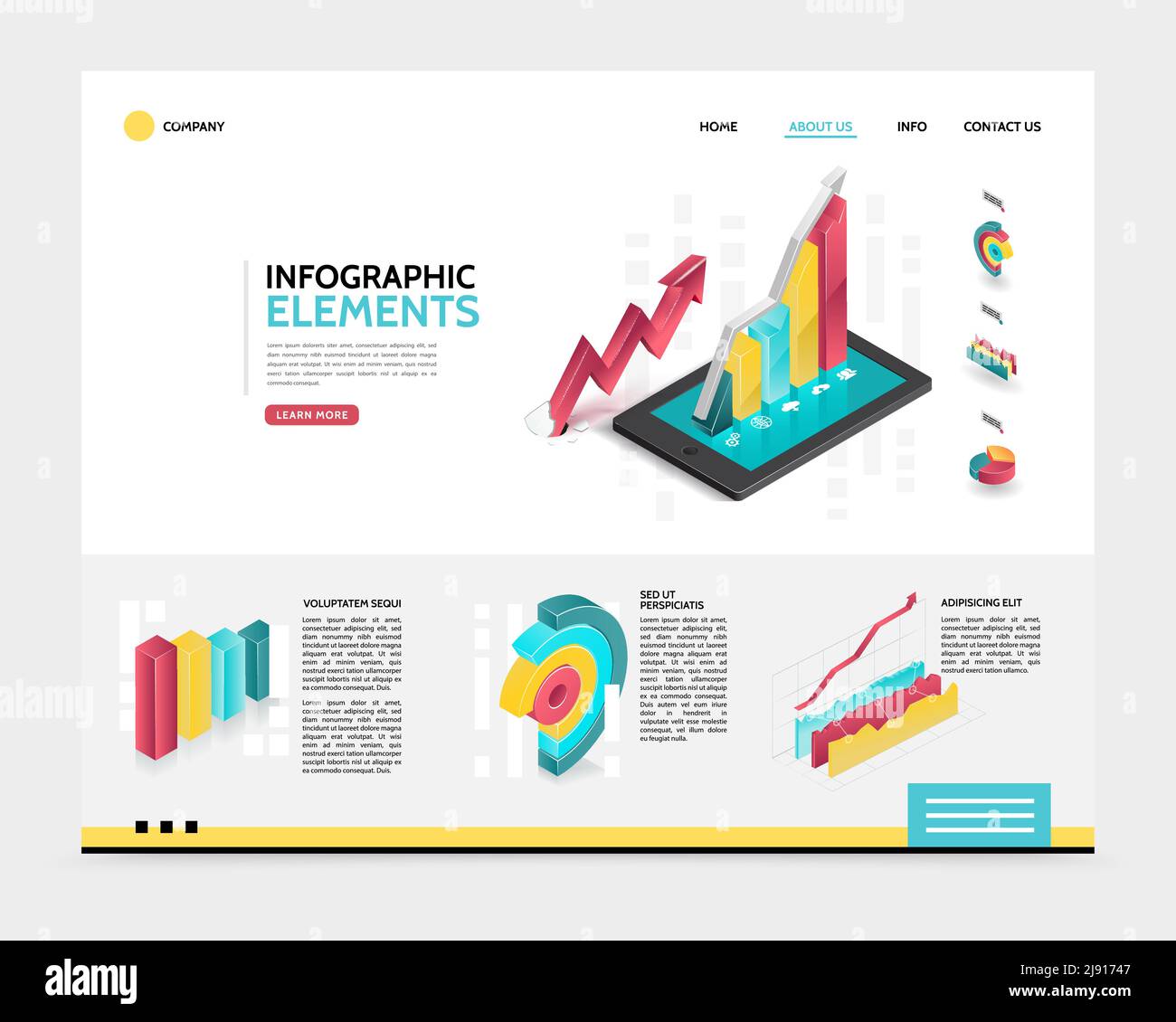 Isometric infographic landing page template with 3d diagrams charts and ...