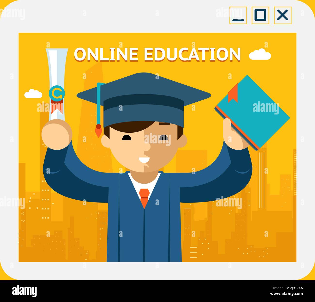 Online education. Graduate in gown and hat in app window. Knowledge and ...