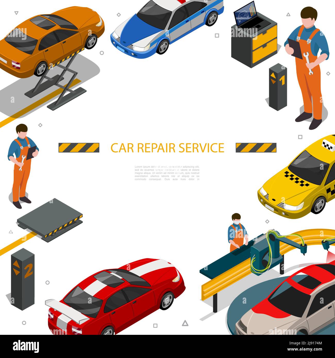 Isometric car repair service template with auto mechanics taxi sports ...