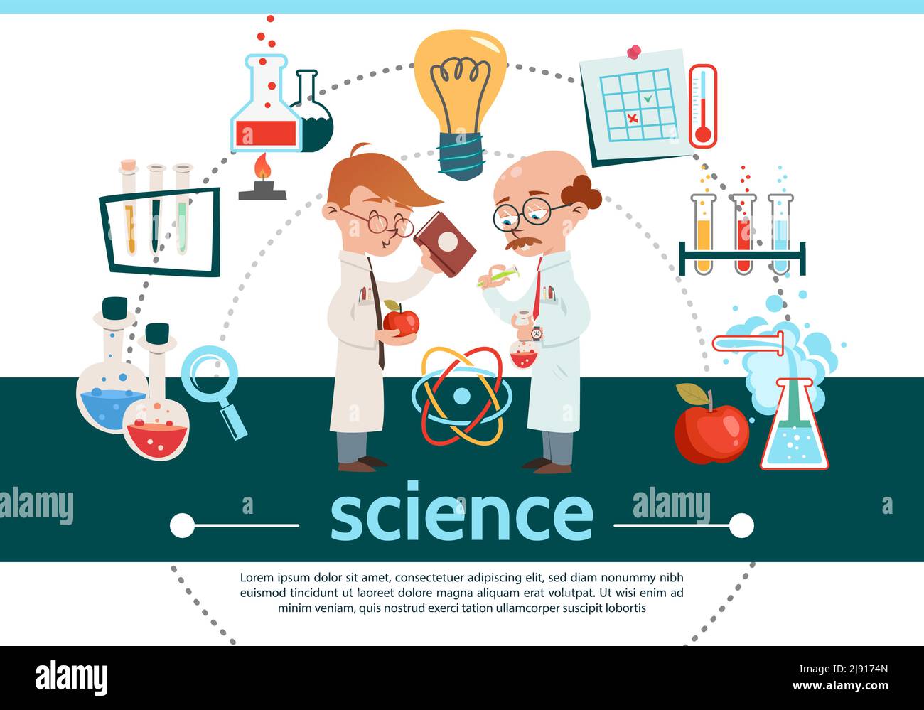Flat science composition with scientists laboratoty equipment tubes ...