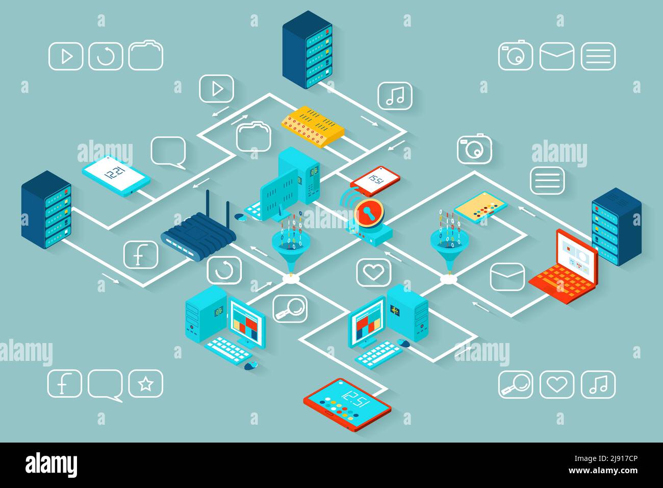 Vector isometric data infographics. Information and technology, growth and seo, database and ...