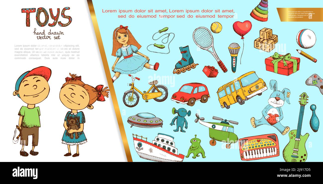 Hand drawn children toys concept with doll jump rope ship piano guitar ...
