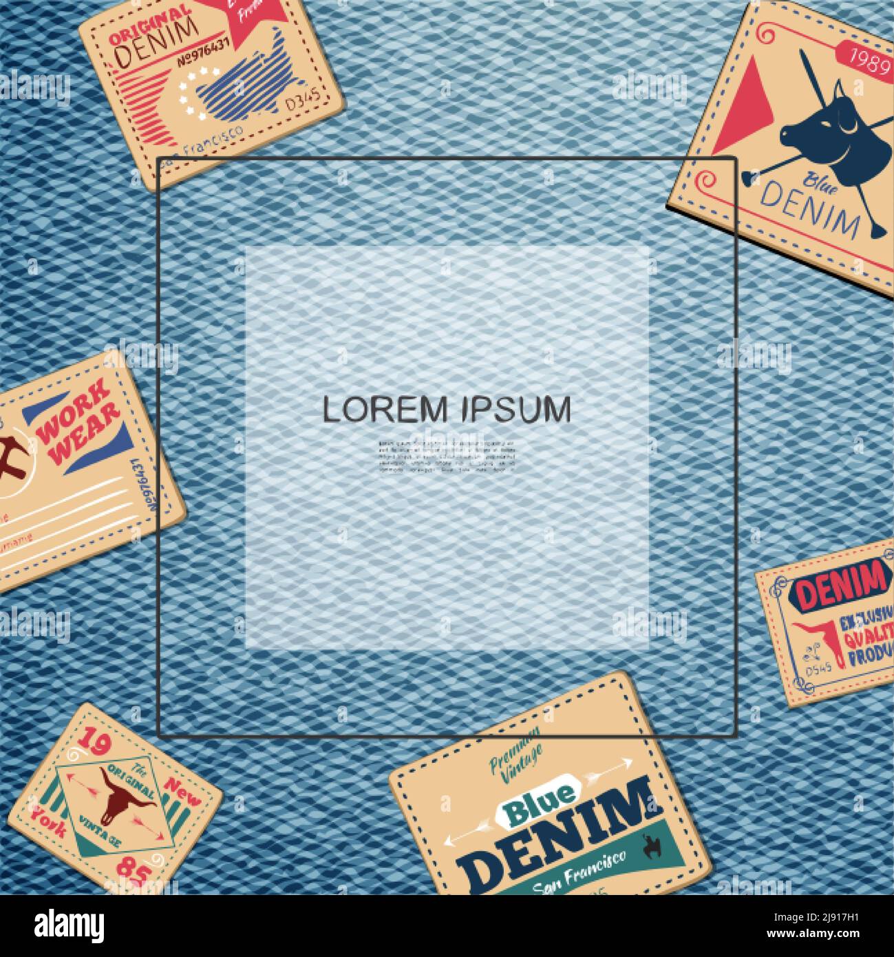 Flat jeans colorful template with frame for text light denim labels on ...