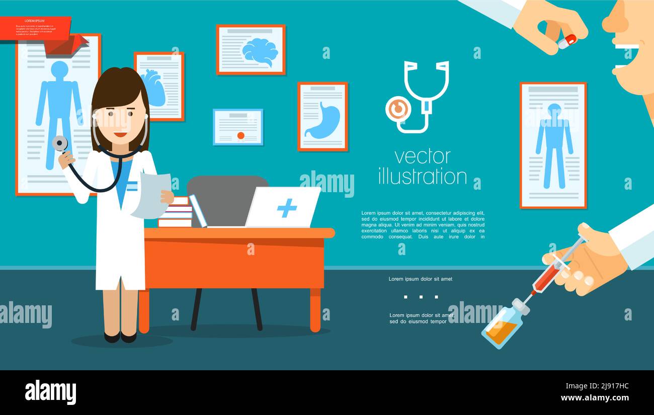 Flat medical treatment background with nurse using stethoscope doctor ...