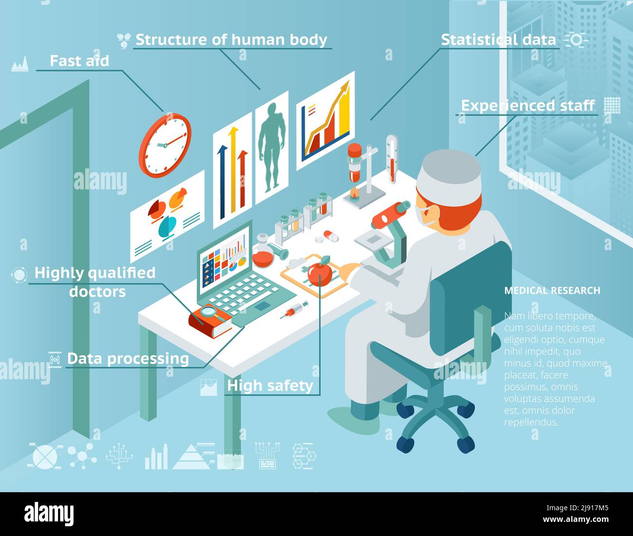 Healthcare and medical infographics. Doctor sits in the laboratory and ...